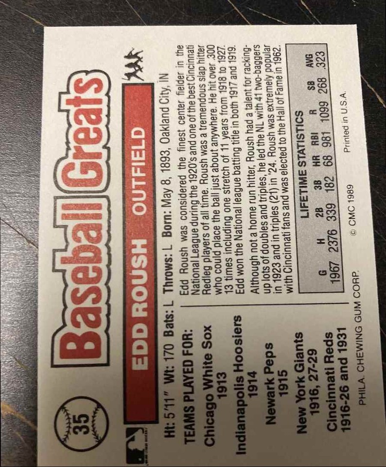 1989 SWELL BASEBALL GREATS EDD ROUSH CINCINNATI REDS #35 | eBay