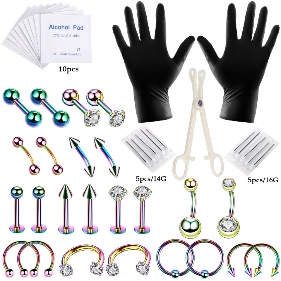 Professional Body Piercing Tool Kit Set Nose Rings Navel Ear Lip Studs ...