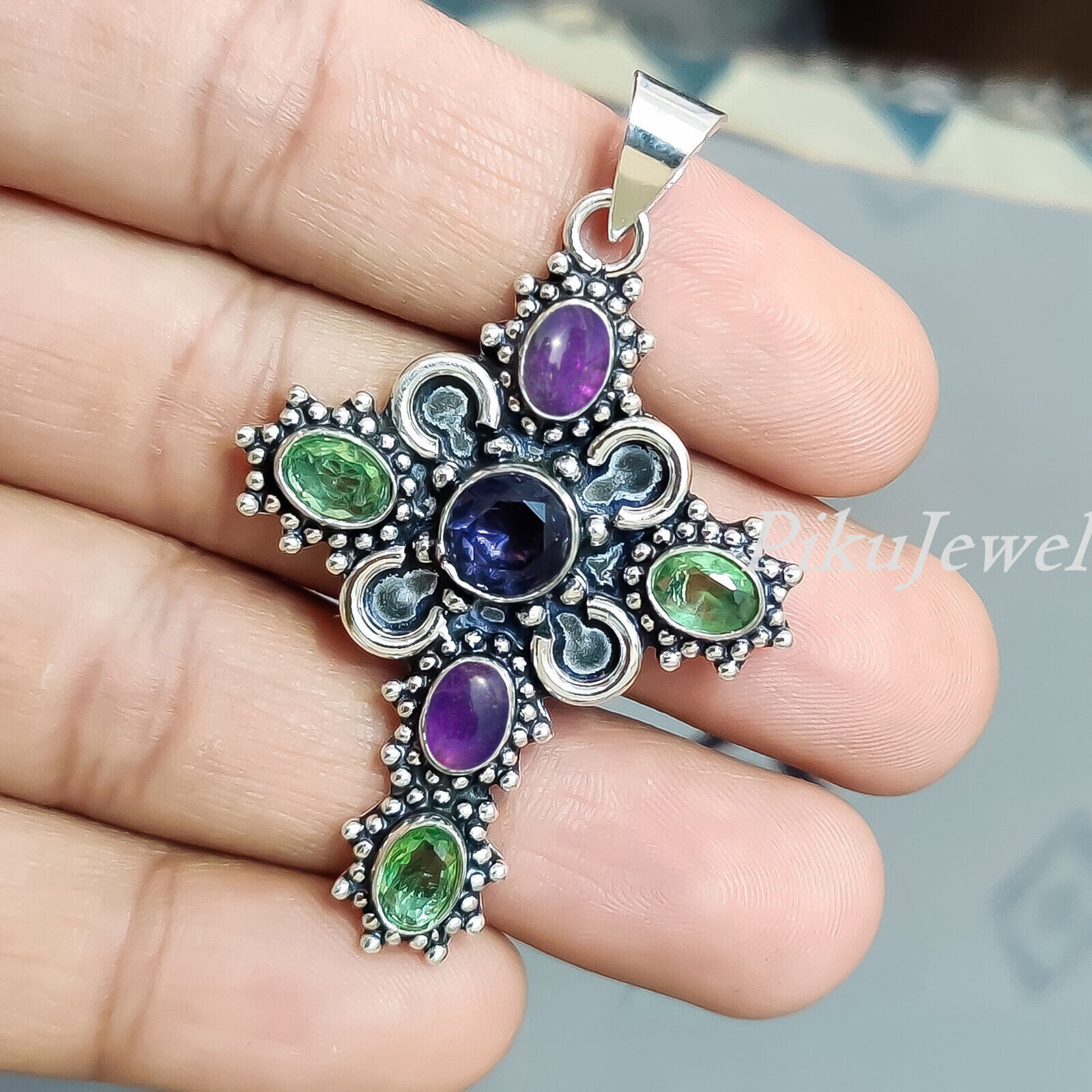 Peridot Cross Jewelry,Purple Amethyst Multi Gemstone 925 Sterling ...