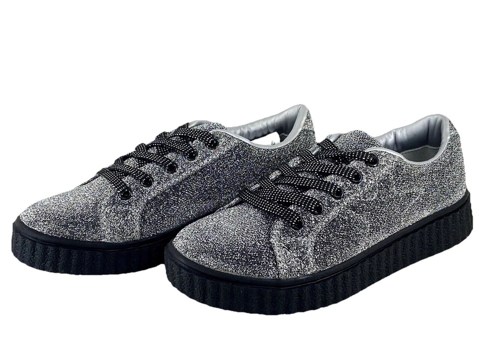 NEXT Older Girls Youth UK 2 EU 34.5 Silver Shimmer Fabric Lace Up ...