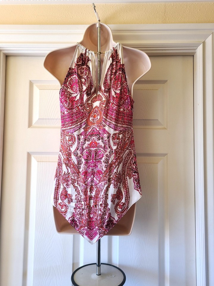 CACHE HALTER TOP PAISLEY RED PINK SILK GOLD METAL BAR TRIM KEYHOLE XS ...