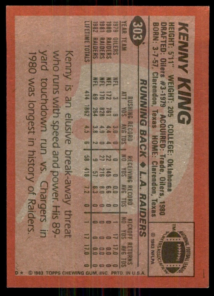 1983 Topps Kenny King . Los Angeles Raiders #303 | eBay