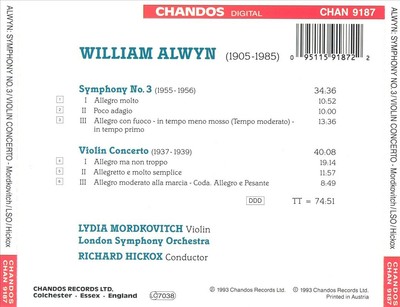RICHARD HICKOX / LYDIA MORDKOVITCH WILLIAM ALWYN: SYMPHONY NO. 3 ...