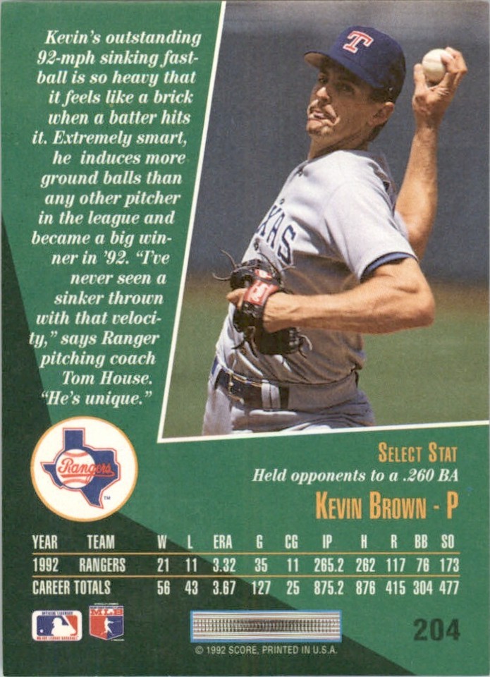 1993 Select Kevin Brown Texas Rangers #204 Baseball Card | eBay