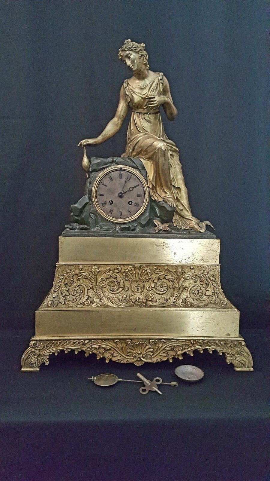 Antique Large 23.5" gilt & patinated Bronze clock with Lady on a Rock ...