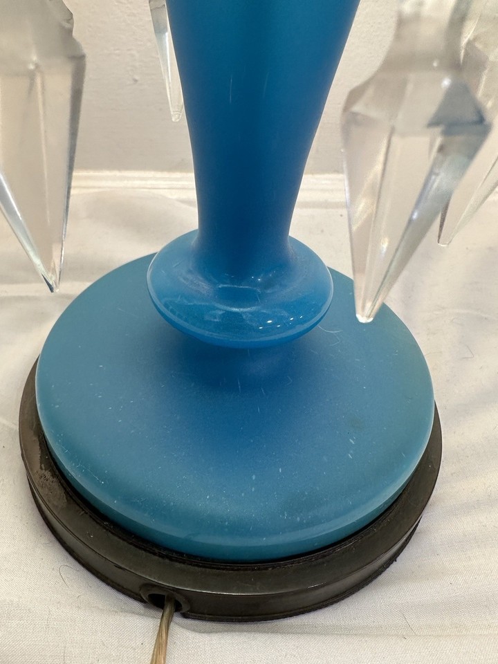 1920 French Blue Opaline Glass with Prisms Electric 2 Bulb Luster Lamps ...
