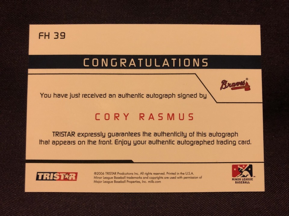 2006 TRISTAR PROSPECTS PLUS BASEBALL FARM HANDS CORY RASMUS AUTHENTIC ...