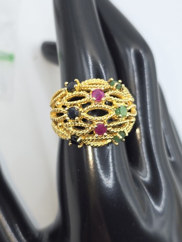 Fancy Dome Ring set with Natural Rubies, Emeralds, & Blue Sapphires 14k ...
