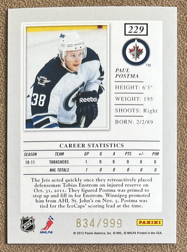 Paul Postma 2011-12 Panini Elite Rookie #229 /999 Winnipeg Jets NHL ...