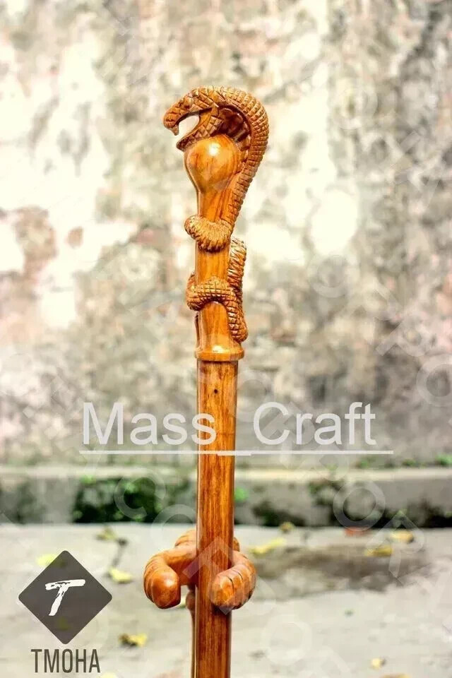 Hand carved snake head handle wooden walking stick handmade cobra ...