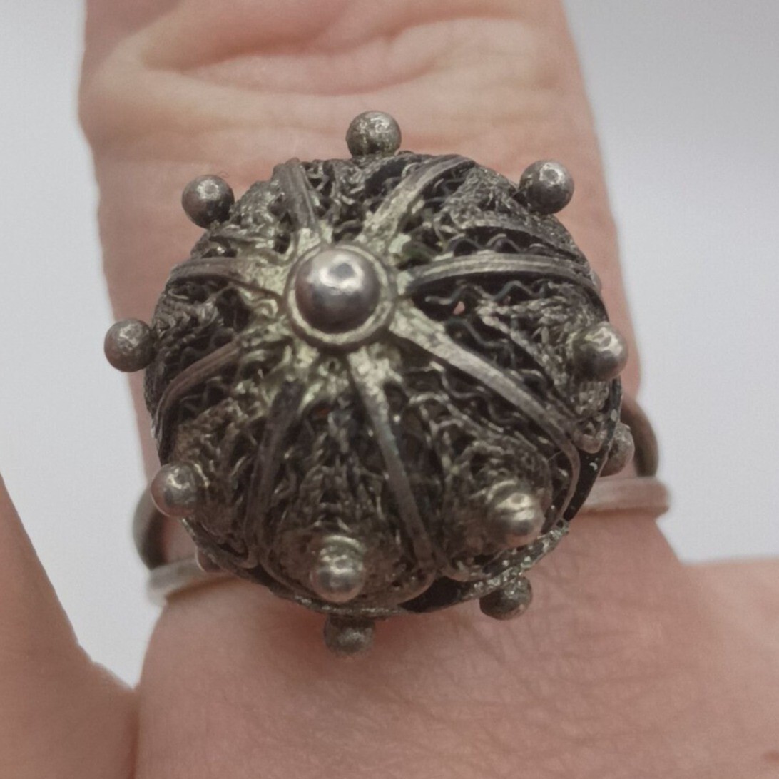 Vintage Antique Ornate Filigree Dome Ball Button Ring… - Gem