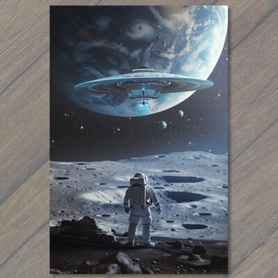 POSTCARD Man On The Moon Spaceship Strange ET Alien Ship Earth Space ...