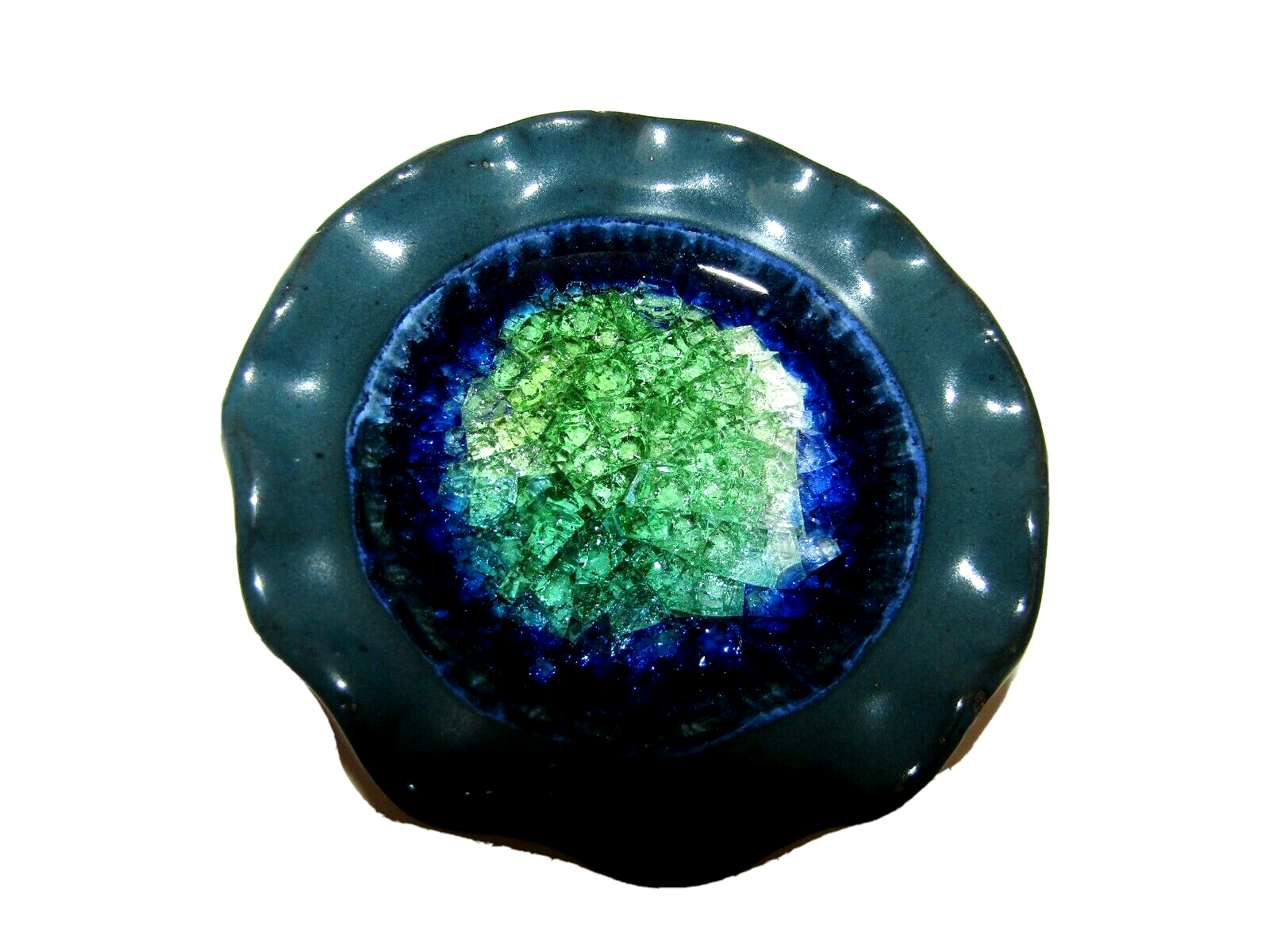 Blue Green Handmade USA Ceramic Geode Pottery Trinket Dish Crackled ...