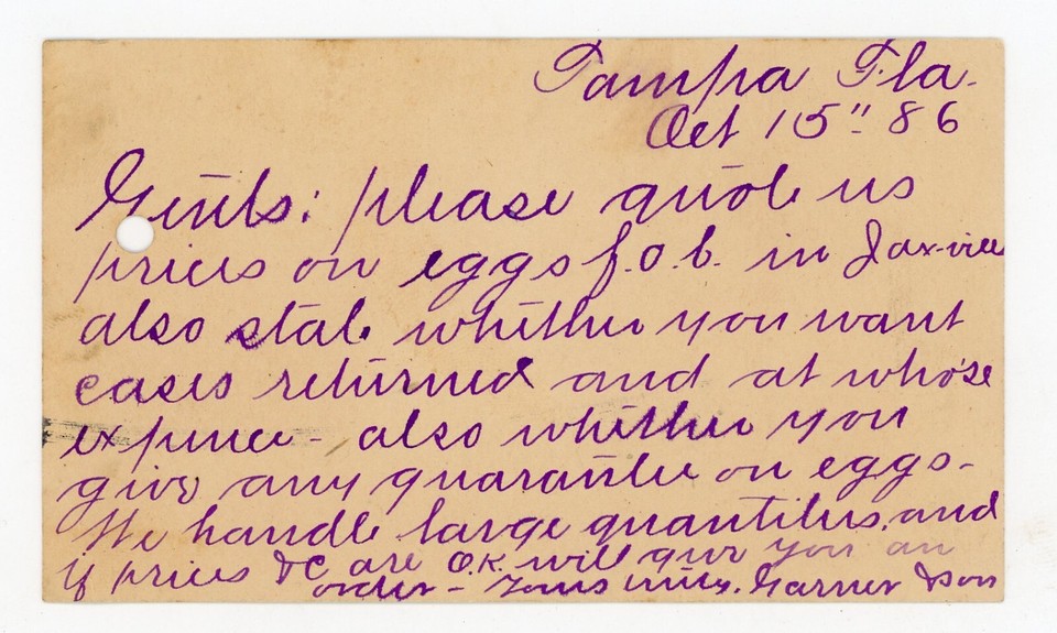 1886 Tampa FL Handwritten Postal Card to Jacksonville Handwritten ...