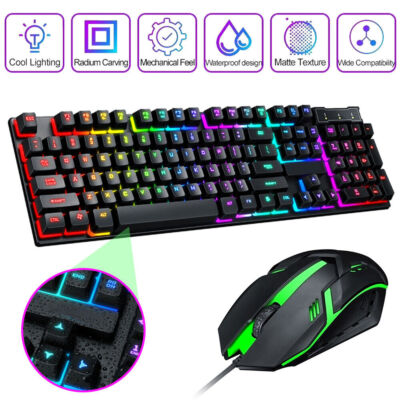 Computer Gaming Keyboard and Mouse Comb LED Light Backlit Multi-Color ...