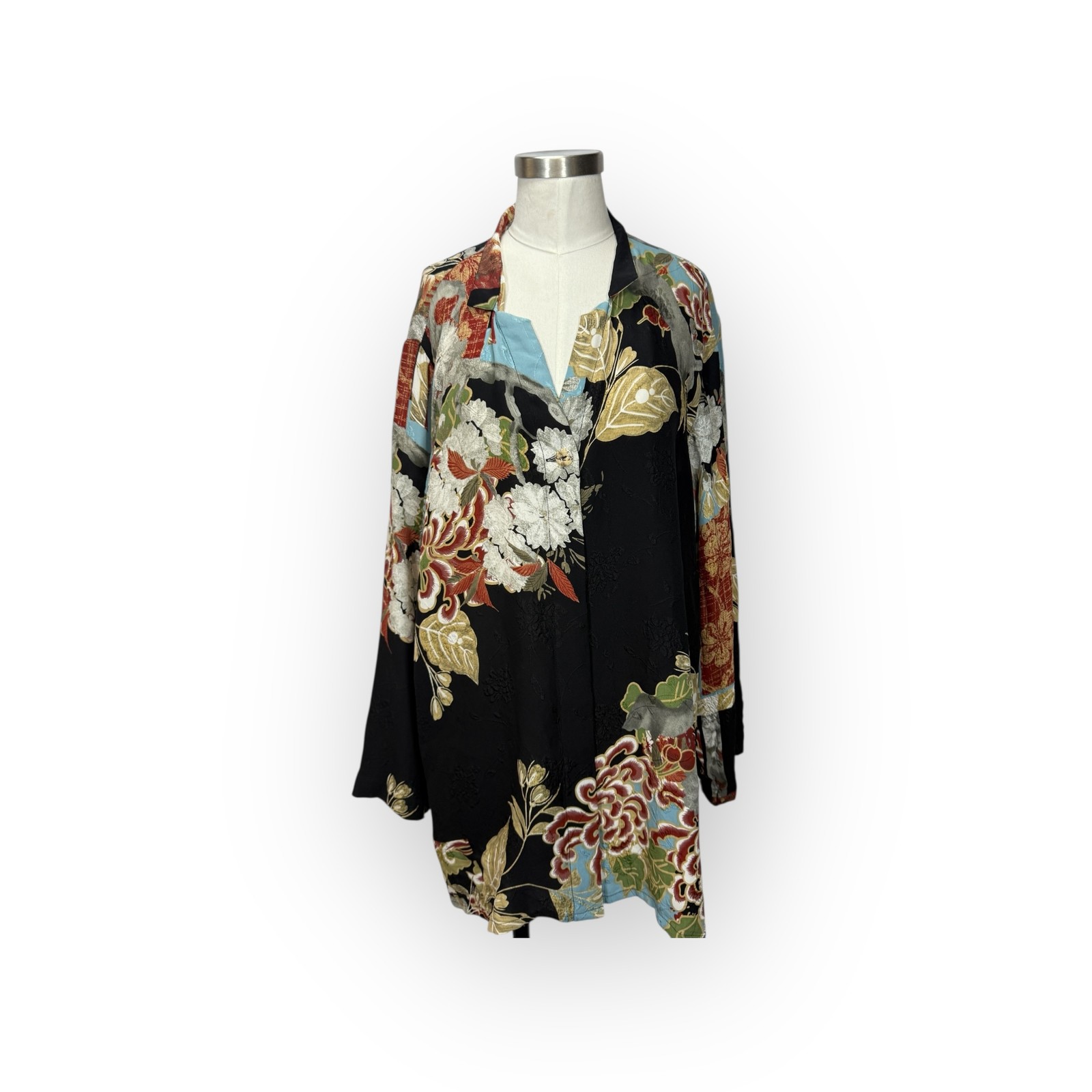 Citron Of Santa Monica Floral Black Damask Silk Long Tunic Top 2X | eBay