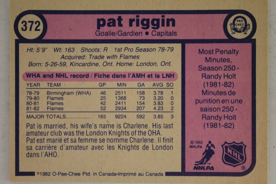 Pat Riggin Washington Capitals Signed 1982-83 OPC OPee Chee #372 ...