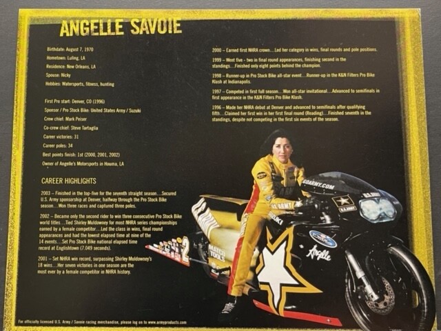 VRHTF NHRA VINTAGE SIGNED BY "ANGELLE SEELING" ARMY PRO STOCK BIKE HAND ...