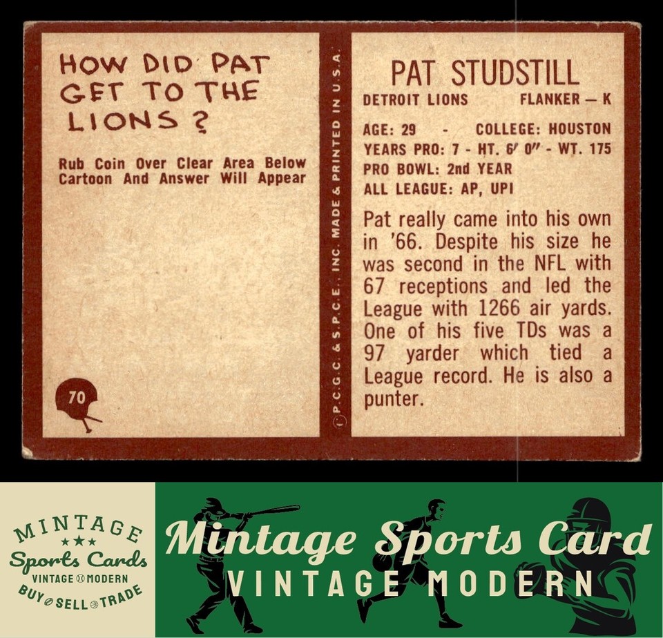 1967 Philadelphia - Pat Studstill - #70 Detroit Lions | eBay