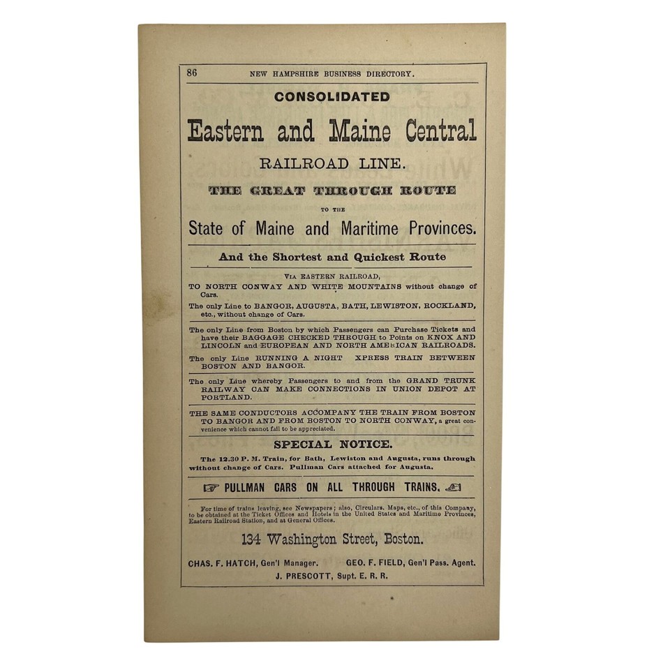 EASTERN & MAINE CENTRAL Railroad Line Routes - Antique 1874 Print Ad | eBay