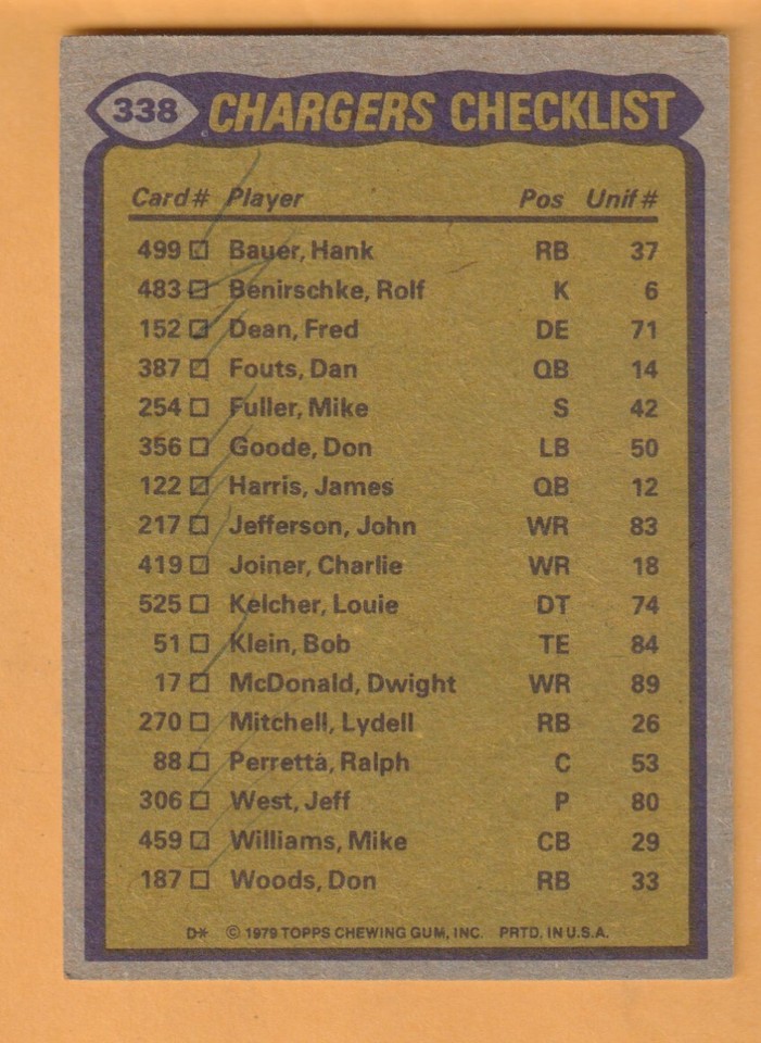 Lydell Mitchell John Jefferson Fred Dean San Diego Chargers 1979 Topps ...