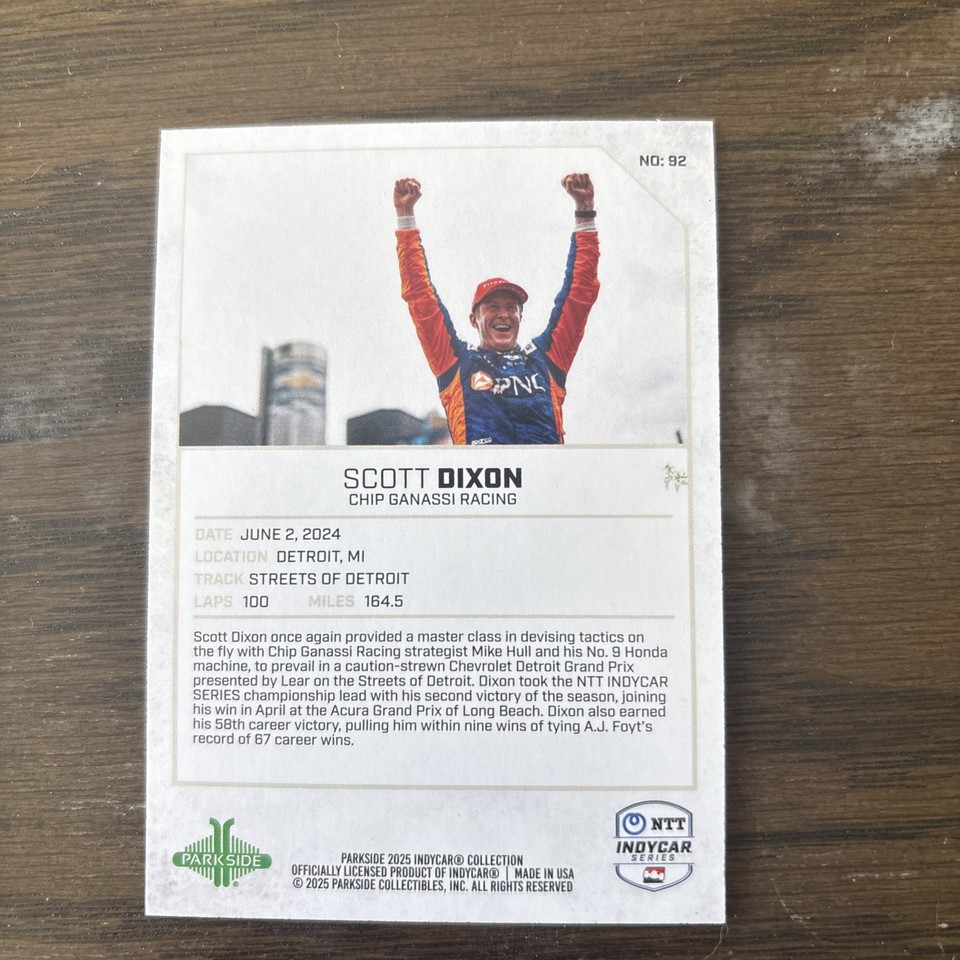 2025 Parkside NTT Indy Car Racing Card SCOTT DIXON 92 Autographed ...