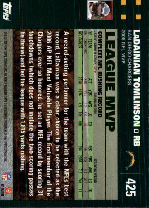 2007 Topps Football Card #425 LaDainian Tomlinson MVP | eBay