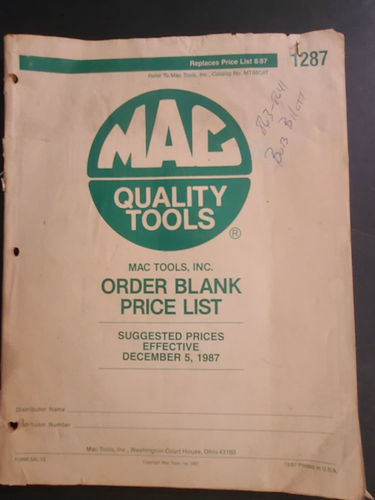 1987 MAC TOOLS ORDER BLANK PRICE LIST Catalog | eBay