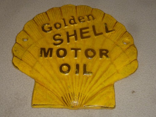 VINTAGE CAST IRON GOLDEN SHELL MOTOR OIL GASOLINE SIGN PLAQUE CLAM GAS ...