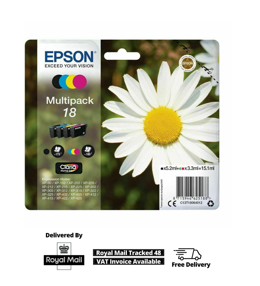 Epson 18 Ink Cartridges Genuine CMYK Set For XP-205 XP-305 XP-425 XP ...