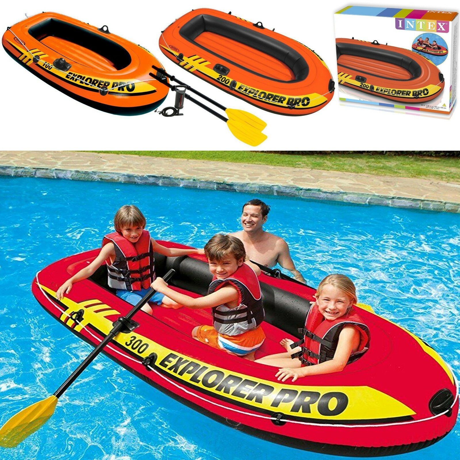 Intex Explorer Pro Dingy Inflatable Rubber Boat Air Pump Paddles 1/2/3 ...