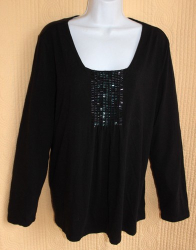 DANA BUCHMAN Black Cotton Blend Knit Top Bugle Beaded Bib Sz L Long ...