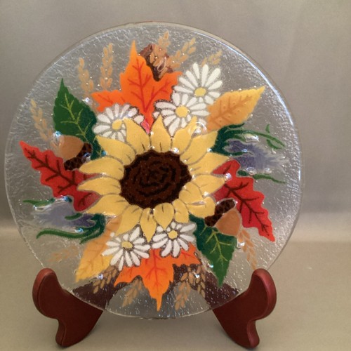 Peggy Karr Glass AUTUMN SUNFLOWER Plate Fall Leaves 8” Signed Acorns ...