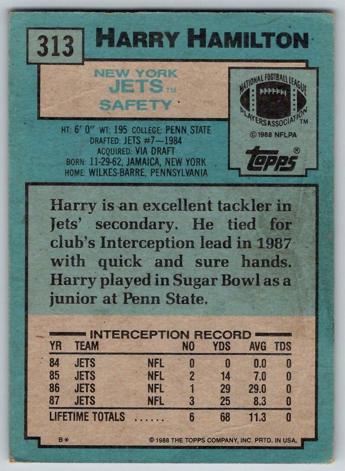 1988 TOPPS HARRY HAMILTON NEW YORK JETS #313 | eBay