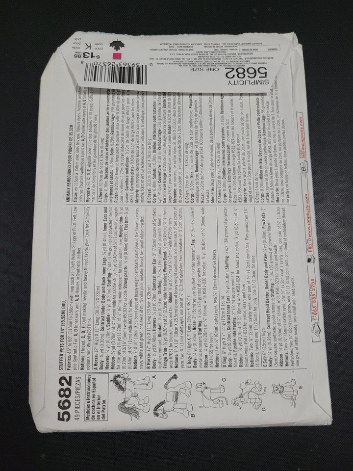 SIMPLICITY HORSE DOG POODLE CAT DOLL PATTERN 5682 SIZE 14" FREE ...