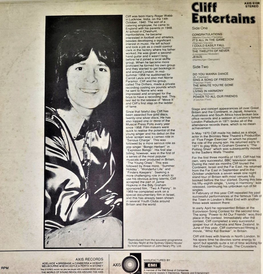 CLIFF RICHARD (THE SHADOWS) " CLIFF ENTERTAINS " AXIS EM EDITIONS LP ...