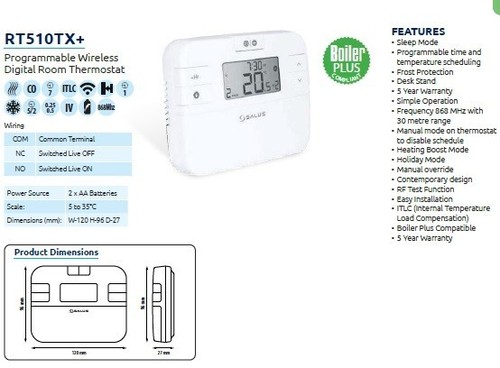 Salus RT510TX+ Programmable Room Thermostat RF Stat Boiler Plus - NO ...