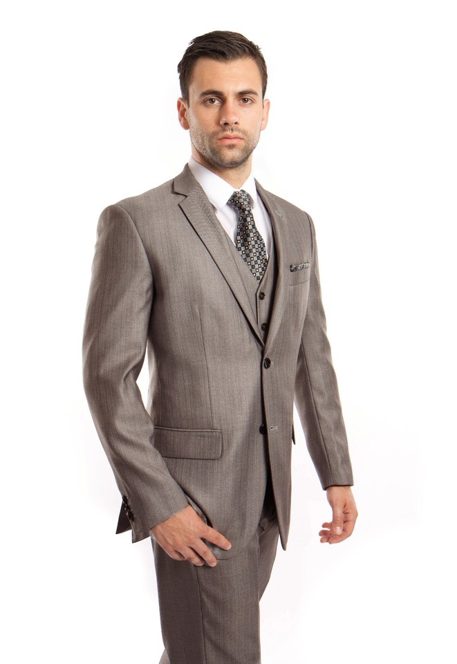 Men's Tailored Fit Suit Two Button Textured Three Piece Jacket Business ...