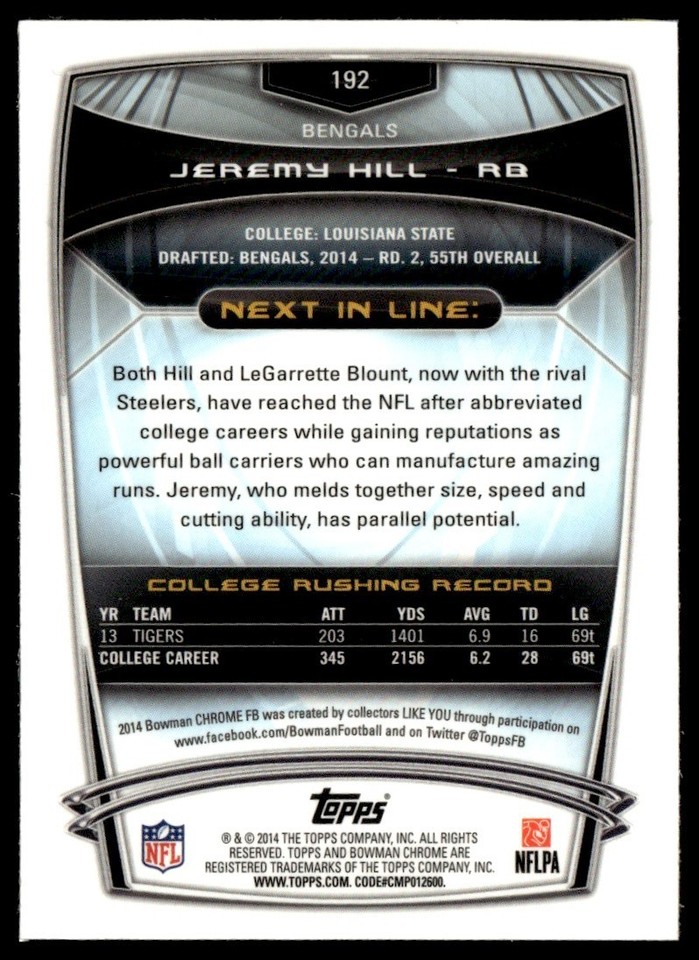 2014 Bowman Chrome Jeremy Hill Rookie Cincinnati Bengals #192 | eBay