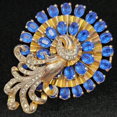 Mazer Blue Rhinestone Pinwheel Gold-Tone Brooch Pin 3x2.5" VTG 30s-40s ...