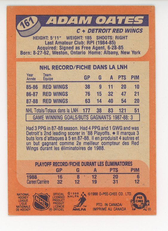 1988 Topps ##161 Adam Oates Detroit Red Wings EX | eBay