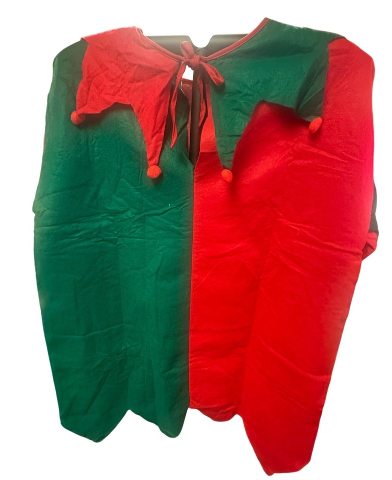 Adult Elf Tunic Costume Red & Green With Jester Collar & Pompoms One ...