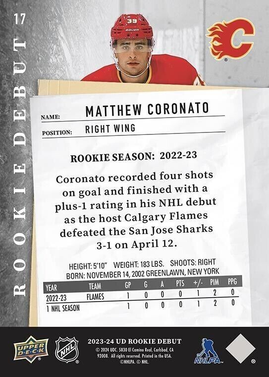 2023-24 Upper Deck Rookie Debut Matthew Coronato Base RC #17 - e-pack ...