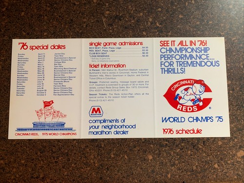 MLB 1976 CINCINNATI REDS Baseball Schedule World Series Champs Unfolded ...