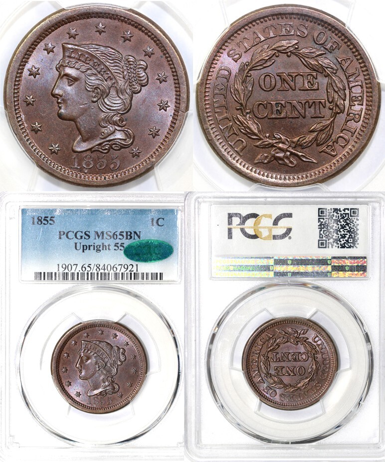 1855 1c Upright 55 N-4 Braided Hair Large Cent PCGS and CAC MS 65 BN | eBay