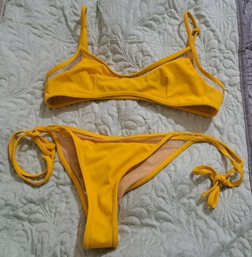 Womens / Ladies Asos Swim Yellow Tie Up Bikini With Mesh Trim Size 8/10 ...