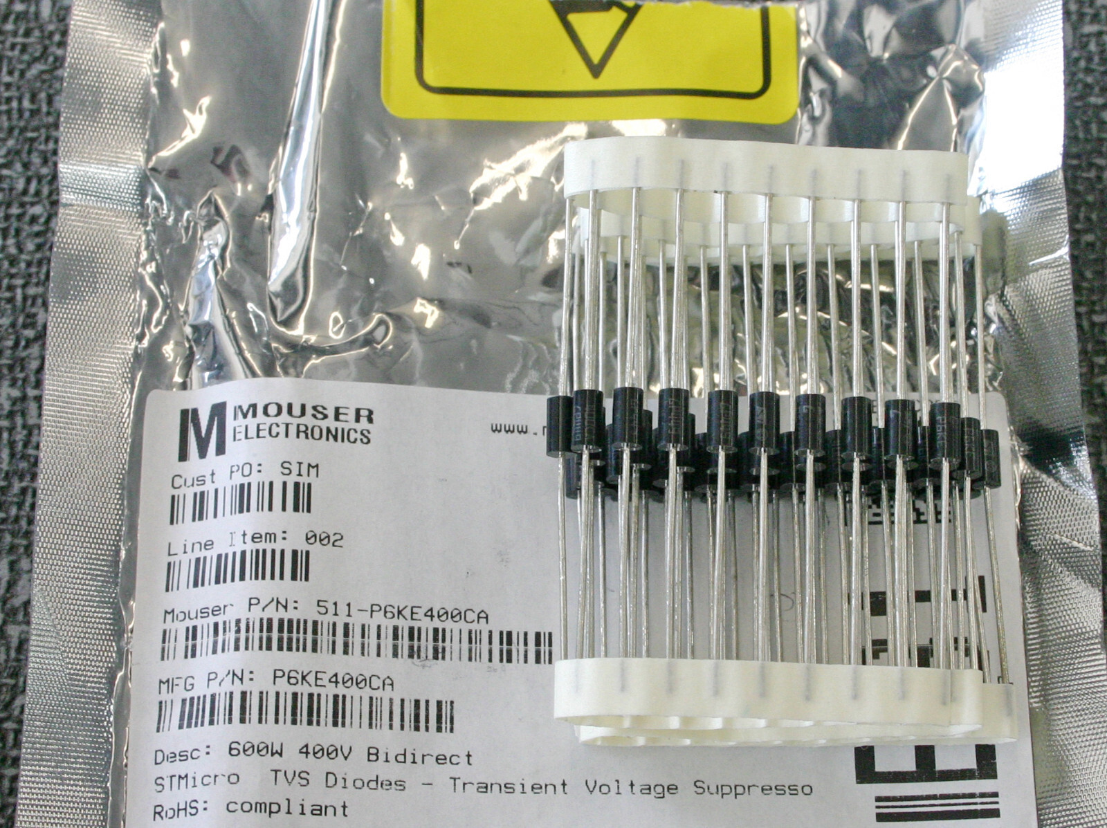 50 Pieces STMicro P6KE400CA TVS Bi-Direct Diode DO-204AC Mouser #511 ...