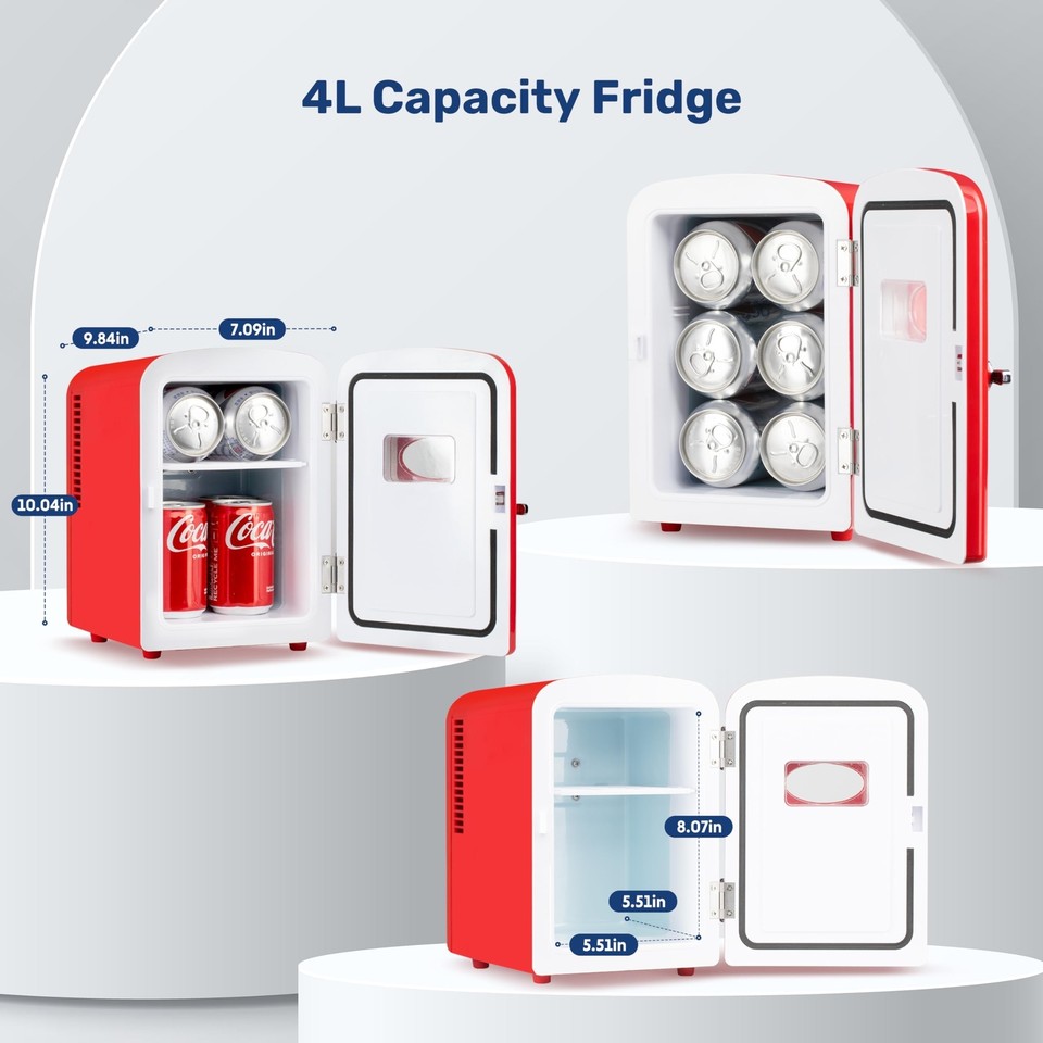 4L/6 Can Mini Fridge Compact Cooler & Warmer with window Portable Red ...