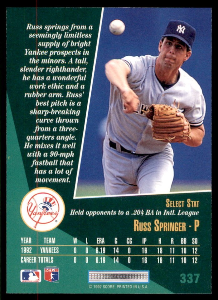 1993 Select Russ Springer #337 New York Yankees - Rookie Prospect | eBay