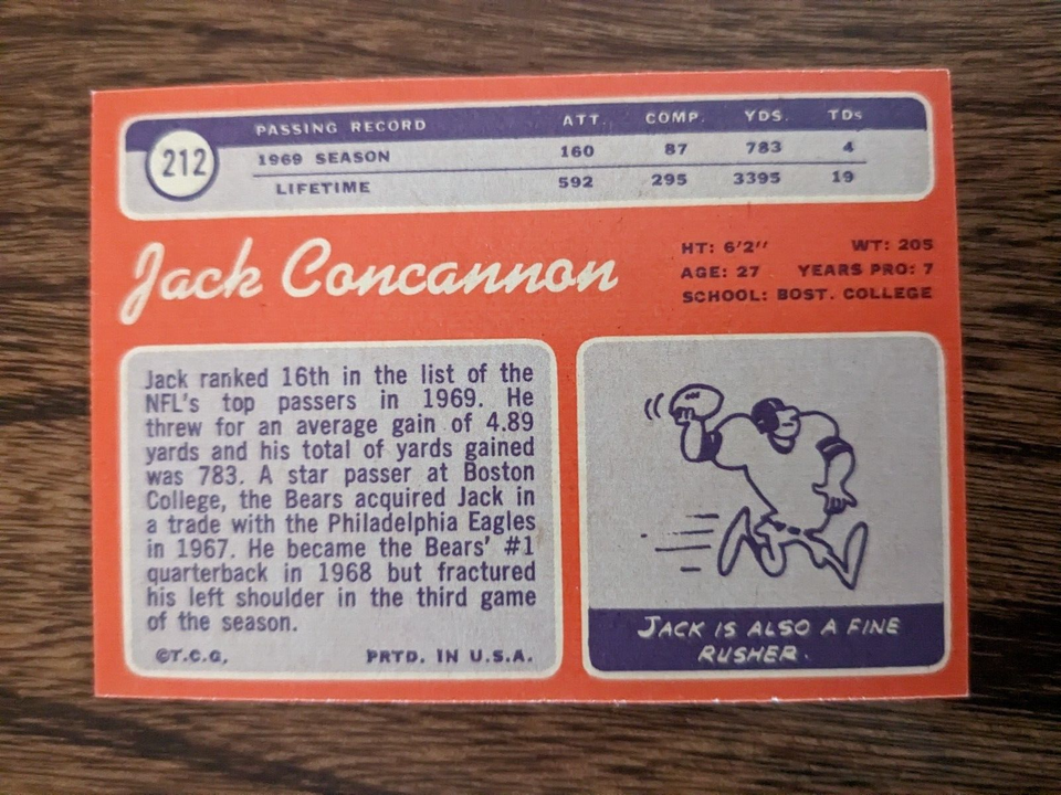 1970 Topps #212 Jack Concannon - Chicago Bears! Very Nice Card! | eBay